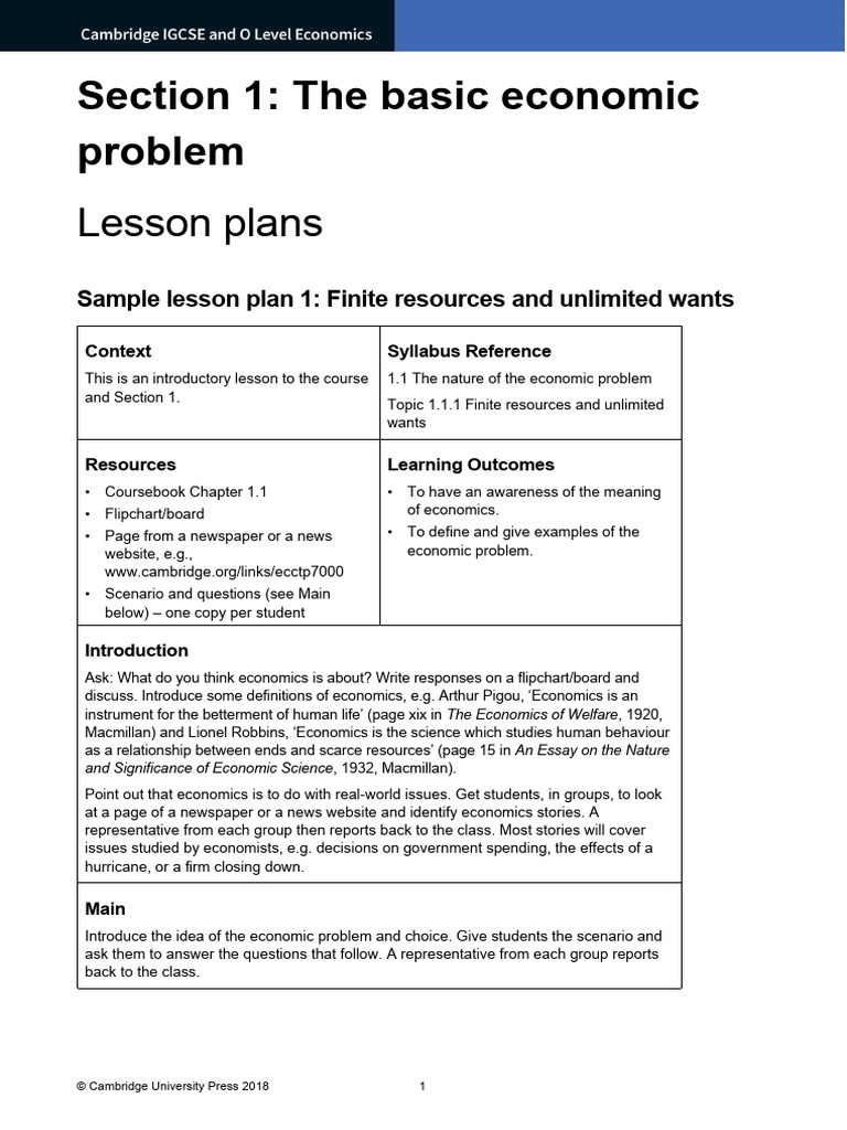 Lesson Plan 1 Fin Res IGCSE-OL Economics | PDF | Economics | Cognition