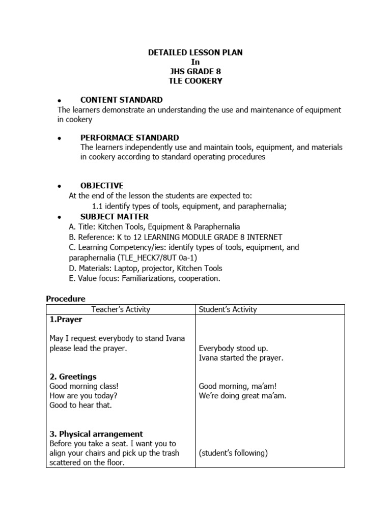 Lesson Plan Tle Cookery Grade 8 | Download Free PDF | Grilling ...