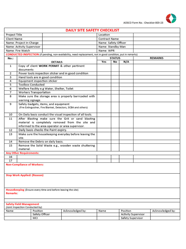 Daily Safety Site Checklist | PDF