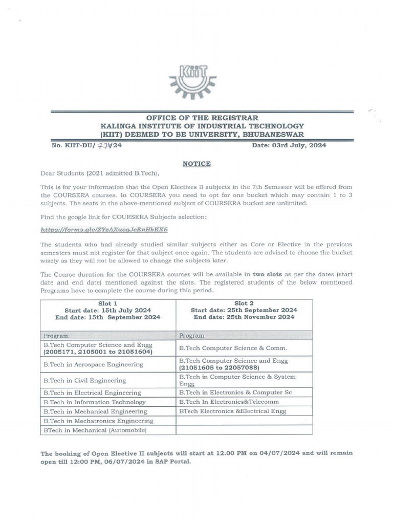 Notice Regarding Open Elective Registration | PDF | Engineering | Physical Sciences