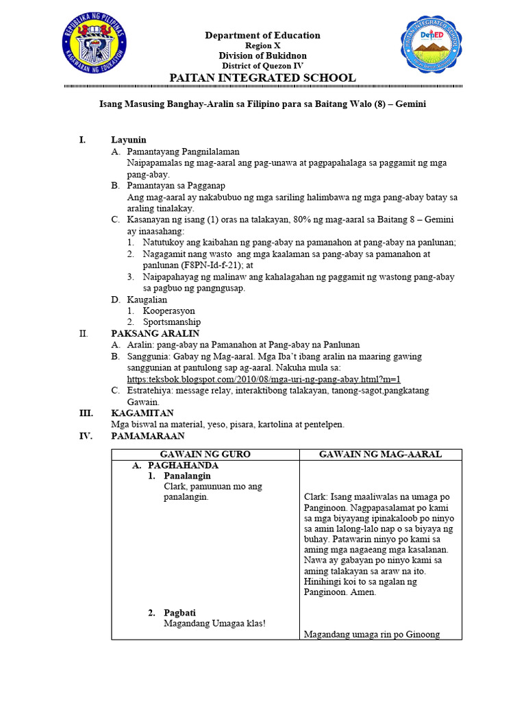 Isang Masusing Banghay Sa Filipino Grade 8 | PDF