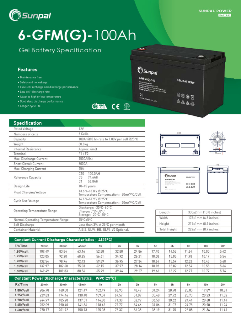 Sunpal Power 12V 100AH VRLA GEL Battery | PDF | Energy Storage ...