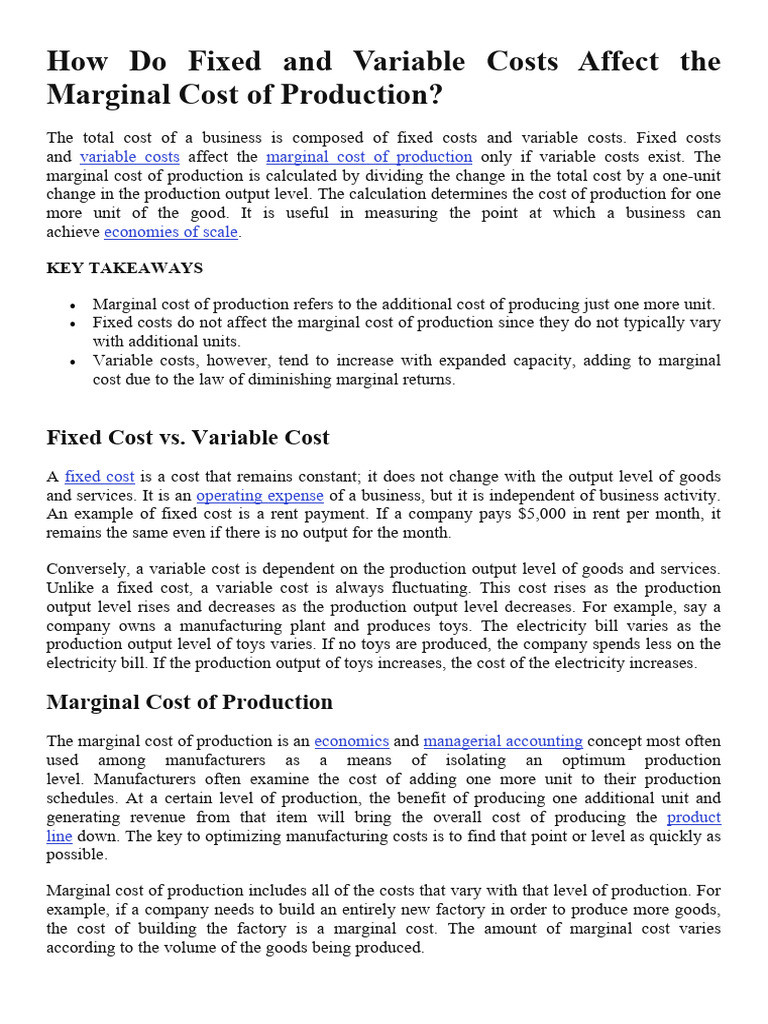 Impact of Fixed vs. Variable Costs on Marginal Cost | PDF | Marginal Cost | Cost