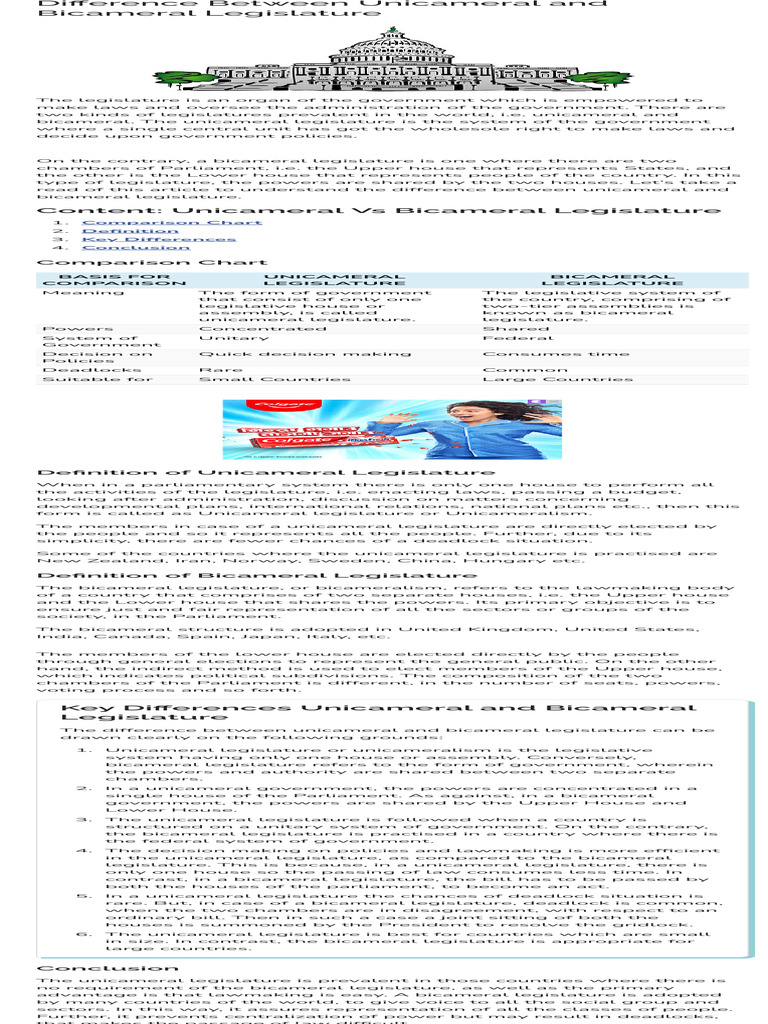 Difference Between Unicameral and Bicameral Legis | PDF | Legislature ...