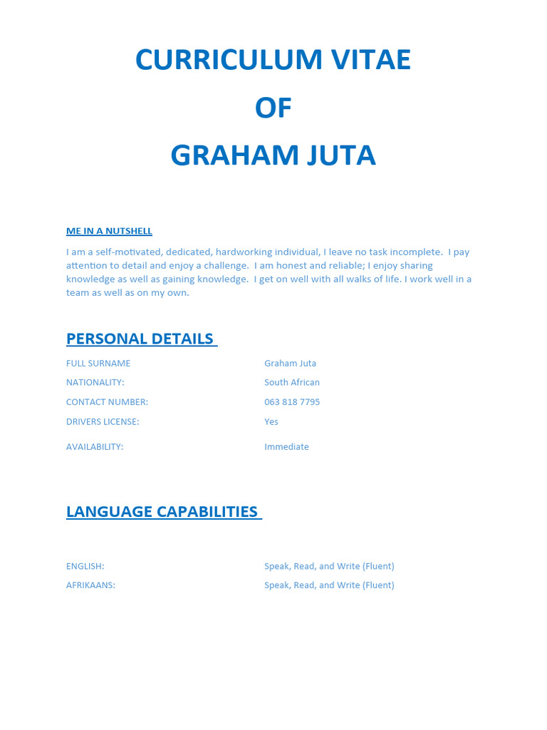 CURRICULUM VITAE - Graham Juta - 22.07.2022 | PDF | Sales | Customer