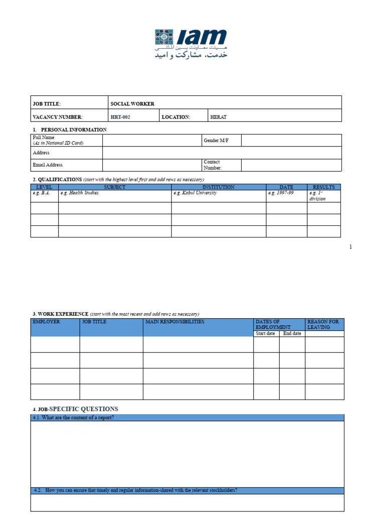 Application Form - MHPSS Social Worker - Herat | PDF | Employment