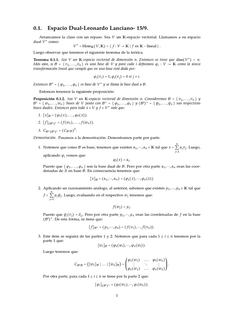 Espacio Dual | PDF | Mapa lineal | Base (álgebra lineal)