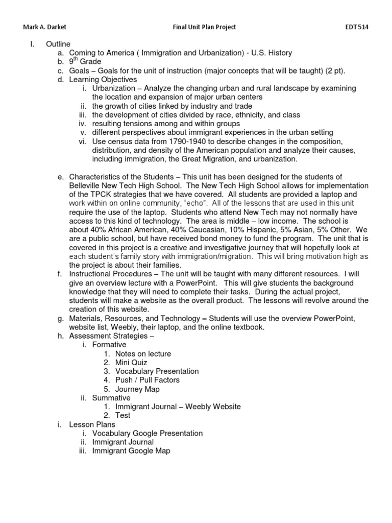 Mark A. Darket Final Unit Plan Project Edt 514: - Students Will Use The ...