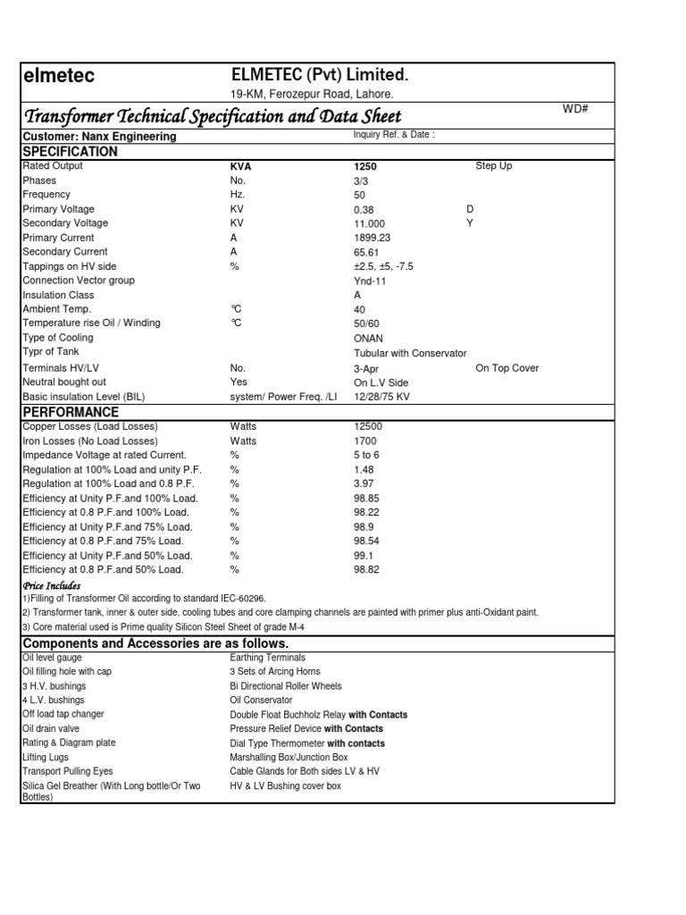 1250KVA Step Up Transformer Updated | PDF | Transformer | Electromagnetism