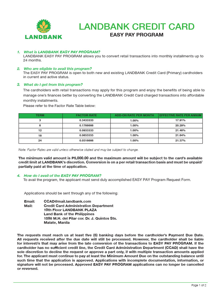 2023 03 26 LANDBANK Credit Card Easy Pay Program With Application Form | PDF | Credit Card ...