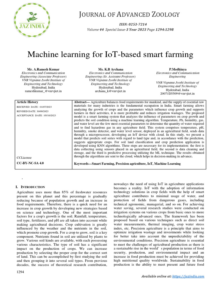 Machine Learning For Iot Based Smart Farming Pdf Internet Of Things