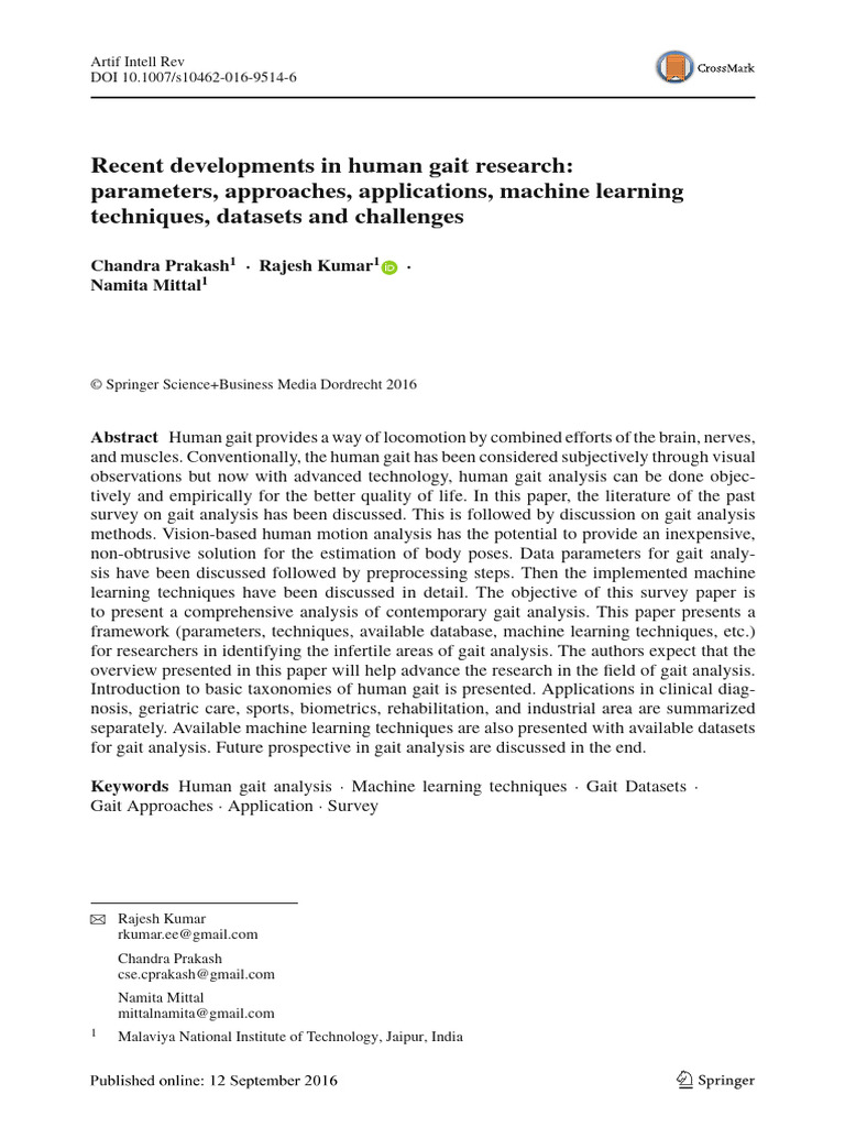 Recent Developments in Human Gait Research - Parameters, Approaches, Applications, Machine ...
