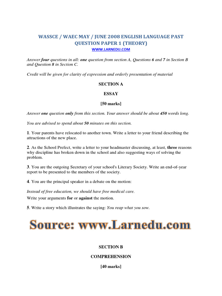 WASSCE WAEC May June 2008 English Language Past Question Paper 1 Theory ...