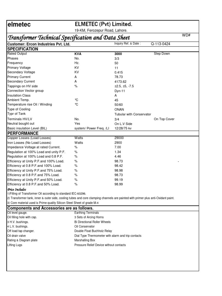 3000kva Ercon | PDF | Transformer | Equipment