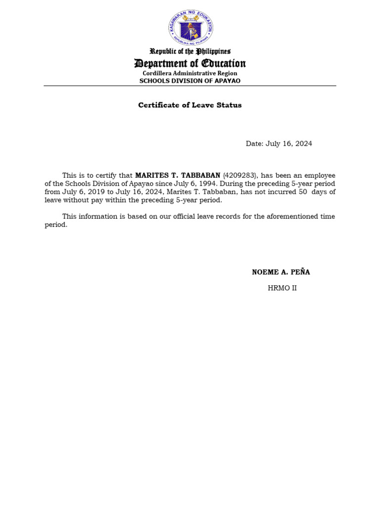 Certificate of Leave Status - Apayao | PDF