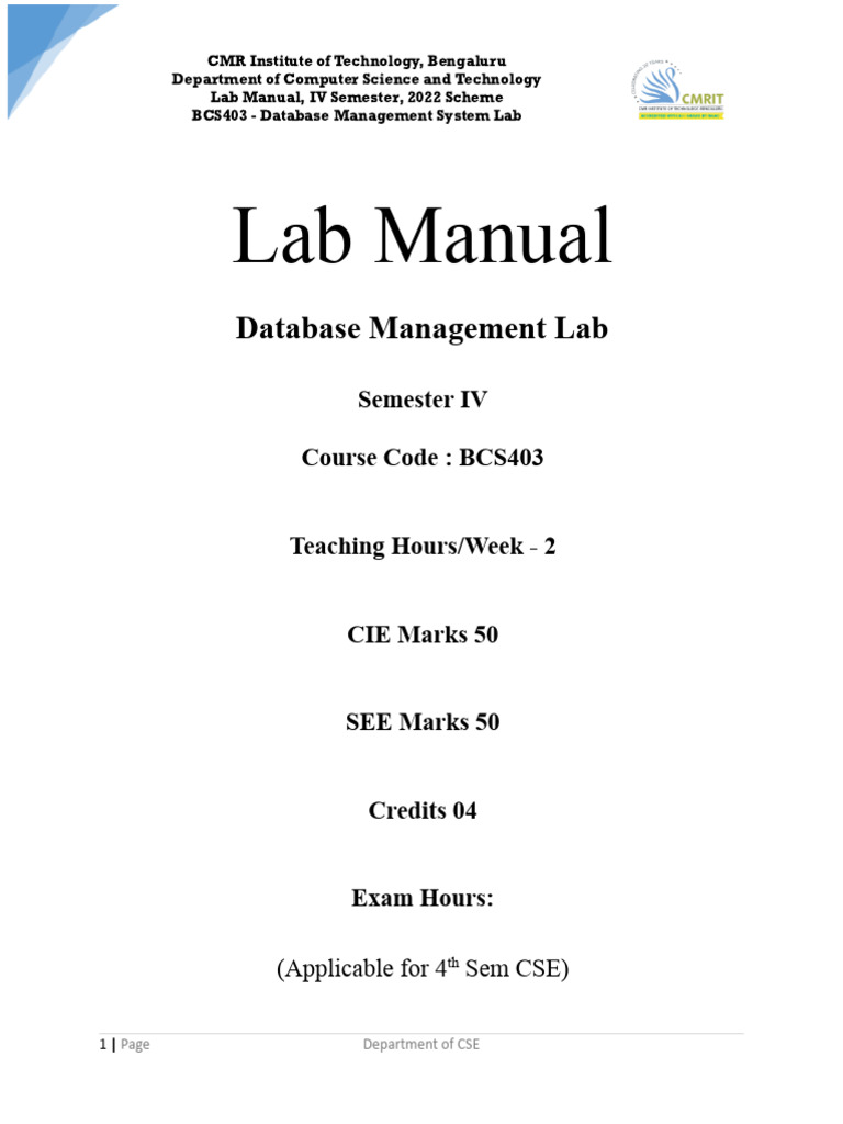 BCS403 - DBMS Lab Manual | PDF | Databases | Pl/Sql