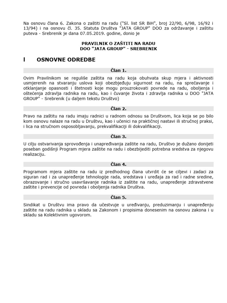 Novi Pravilnik o Zastiti Na Radu 2019 | PDF