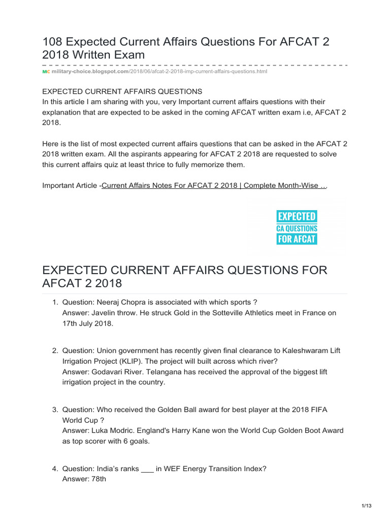 AFCAT 2 2018 Current Affairs Prep | PDF | Sports & Recreation
