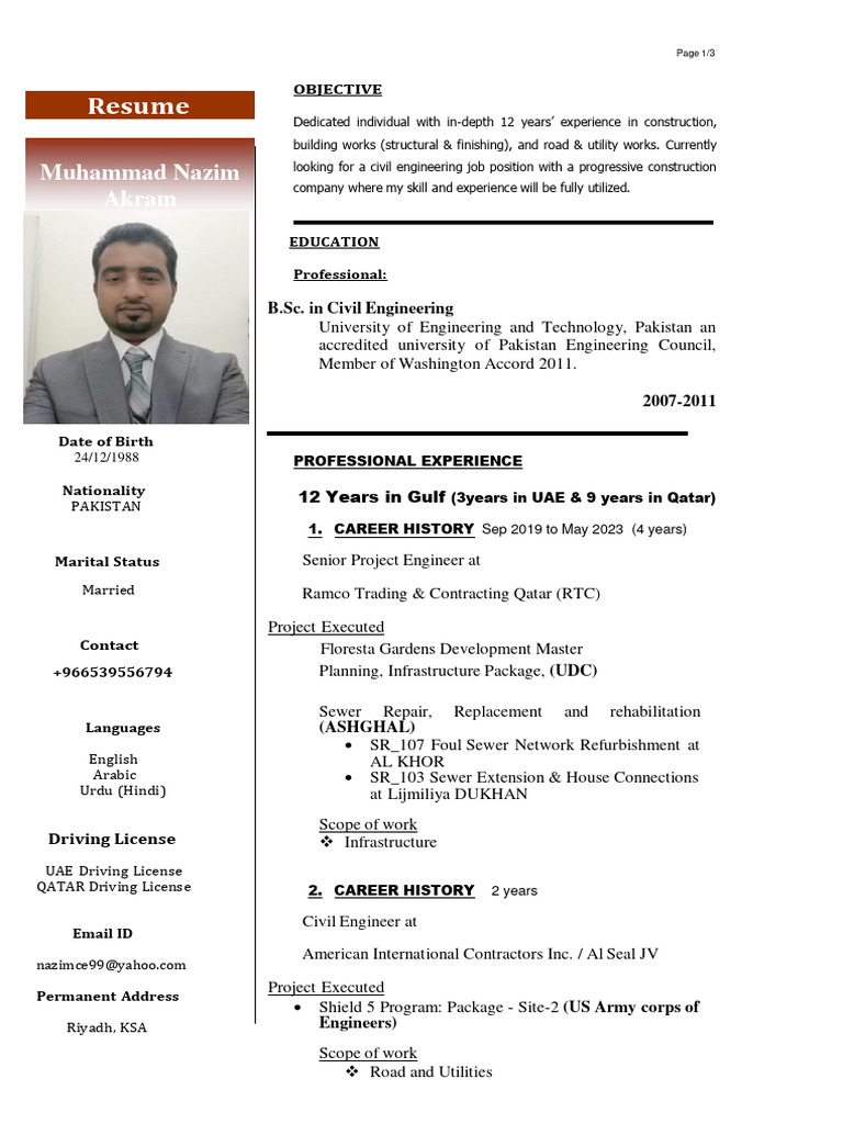 CV of CIVIL ENGINEER (KSA) - 3 | PDF | Qatar | Engineering