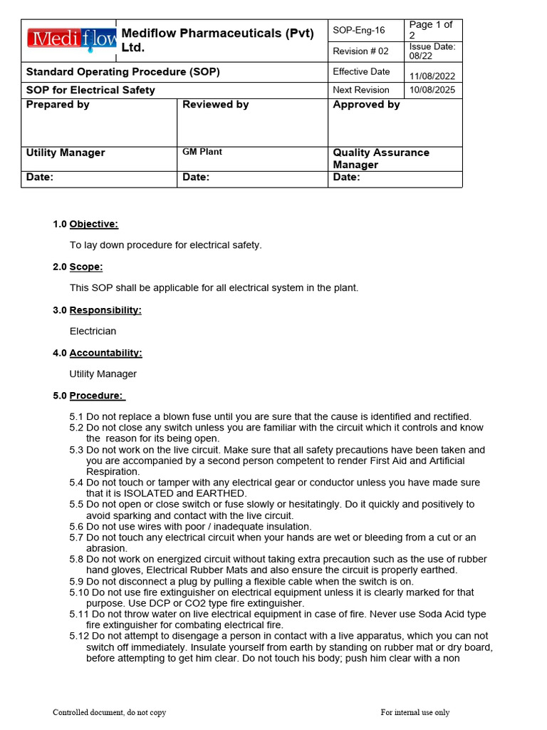 Eng SOP FOR ELECTRICAL SAFTY | PDF | Switch | Electric Power
