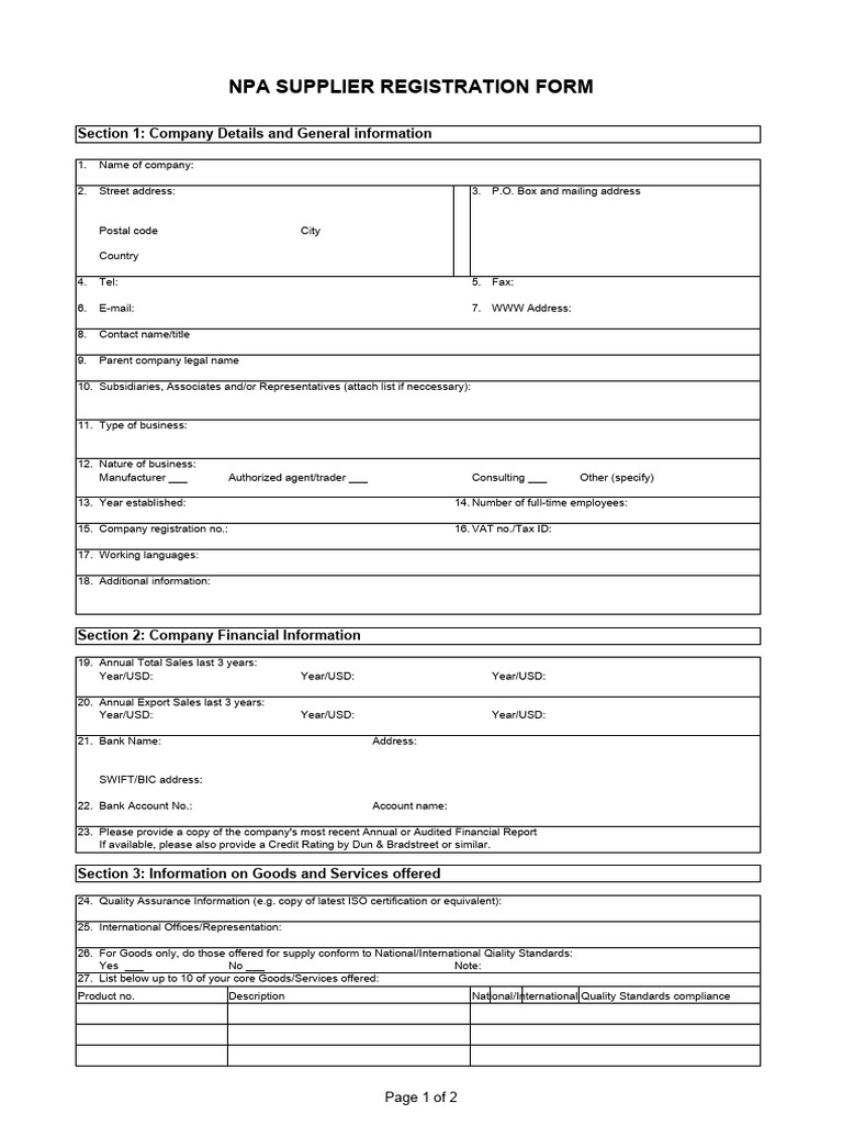 Supplier Registration Form For Norwegian People's Aid For Period 2023 ...