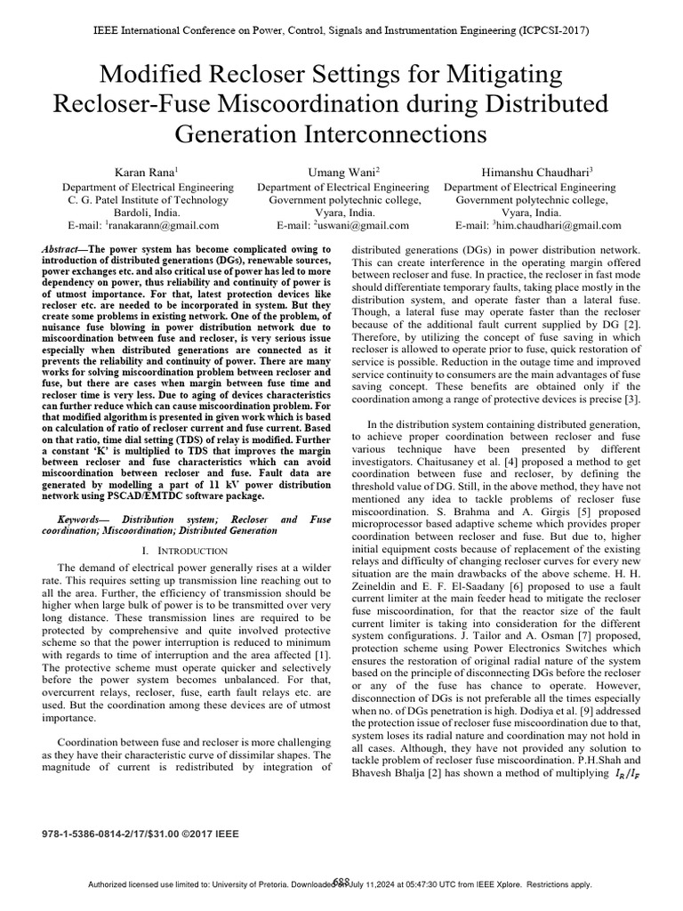 Modified Recloser Settings For Mitigating Recloser Fuse Miscoordination During Distributed