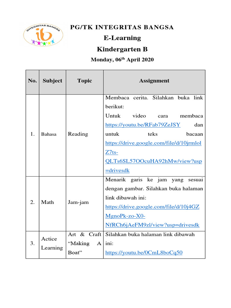 Kindergarten B - Monday, 06th April 2020 | PDF