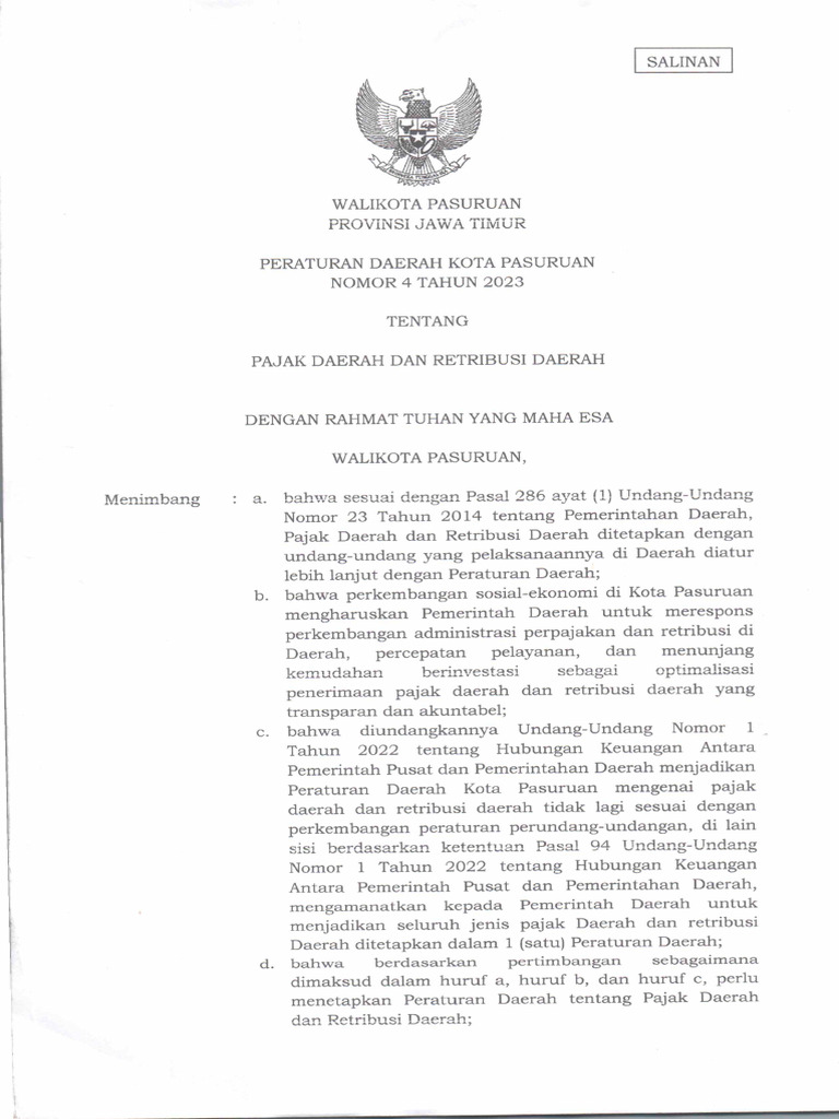 Perda No 4 Tahun 2023tentang PDRD | PDF