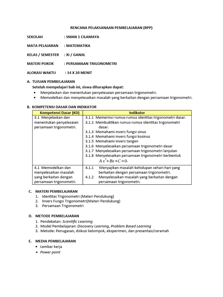 RPP Jilid 2 (Sukino) Bab 1 Persamaan Trigonometri | PDF