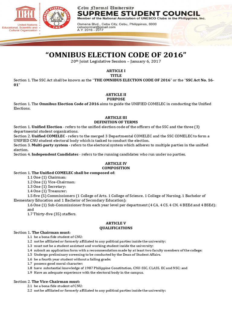 Omnibus Election Code of 2016 | PDF | Elections | Commission On ...
