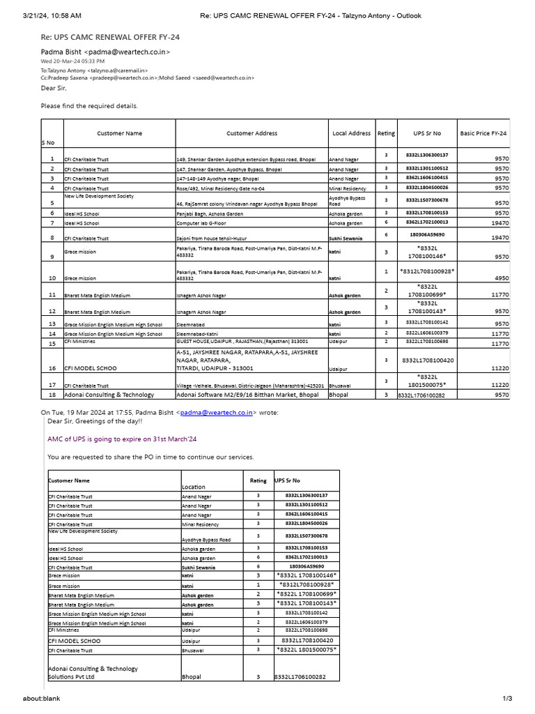 Re - UPS CAMC RENEWAL OFFER FY-24 - Talzyno Antony - Outlook | PDF
