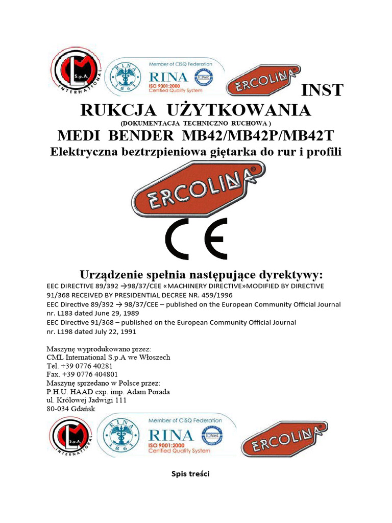 MB42P Instrukcja Użytkowania Giętarki | PDF