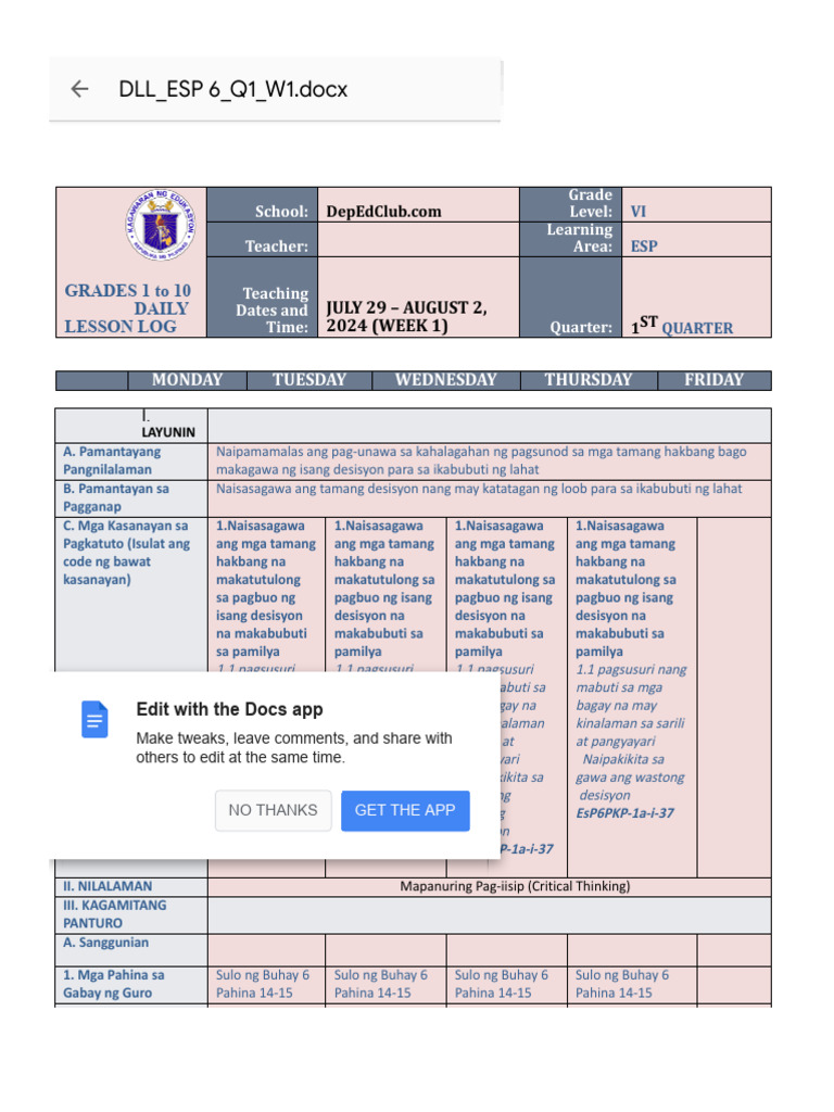 DLL - Esp 6 - Q1 - W1 | PDF
