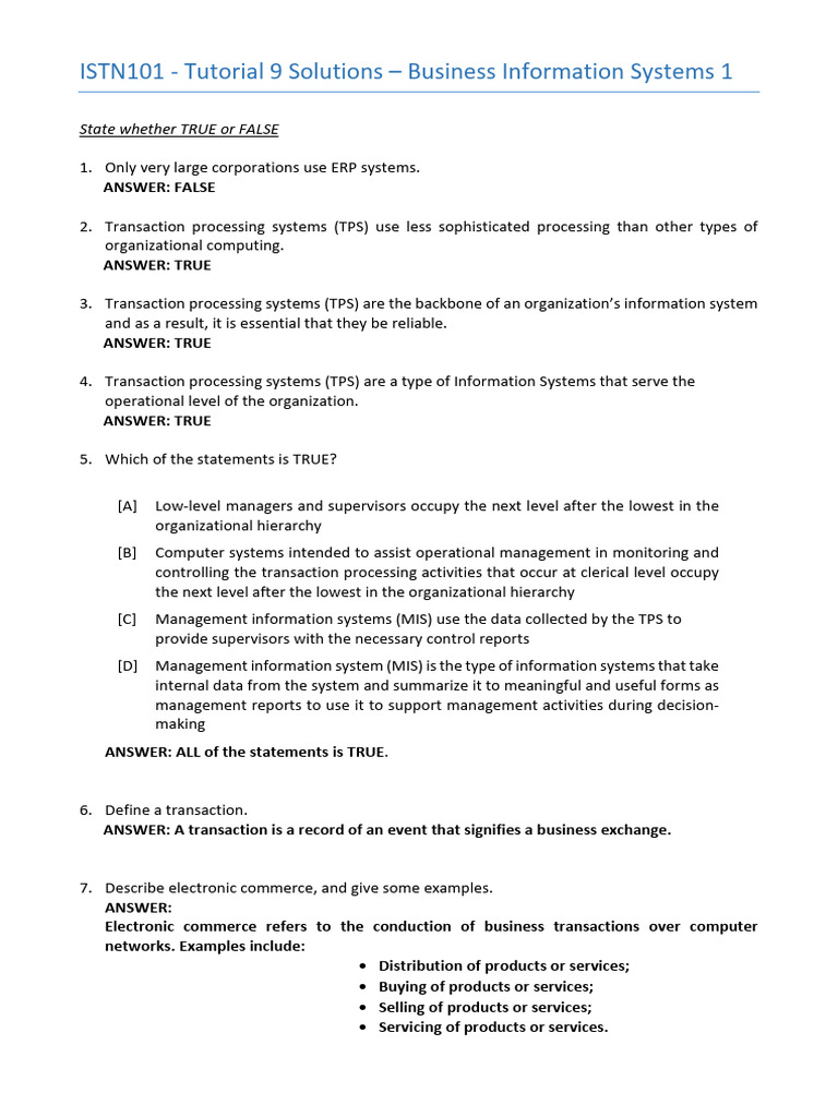 Tutorial 9 Solutions: Business Info Systems | PDF | Decision Making ...