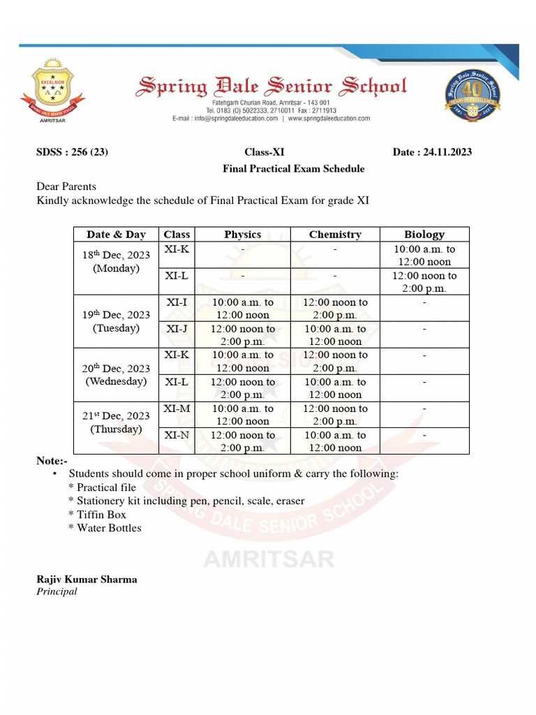 Final Practical Schedule Class 11th | PDF