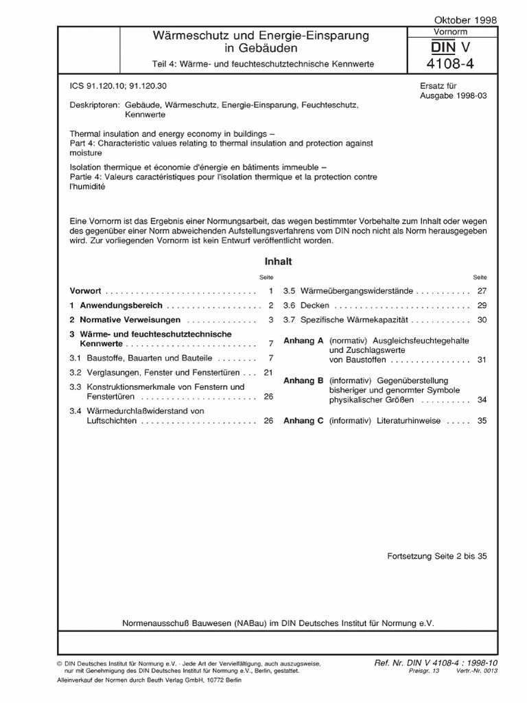 DIN V 4108-4 1998 (Wärmeschutz Energiesparen) | PDF