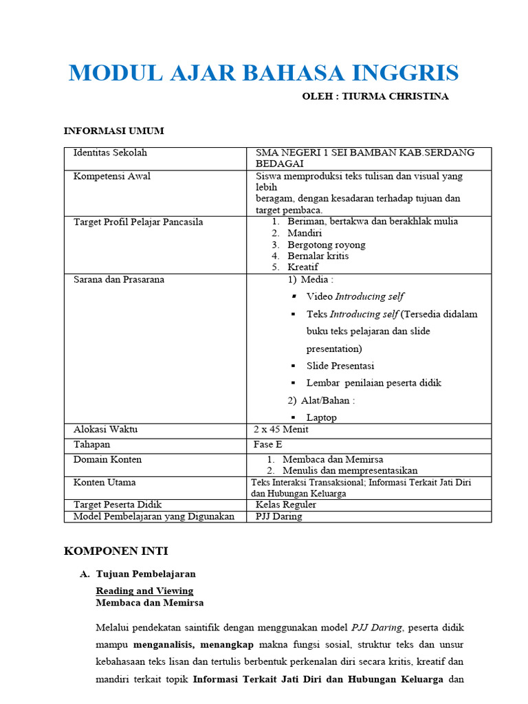 Modul Ajar Introducing Self | PDF