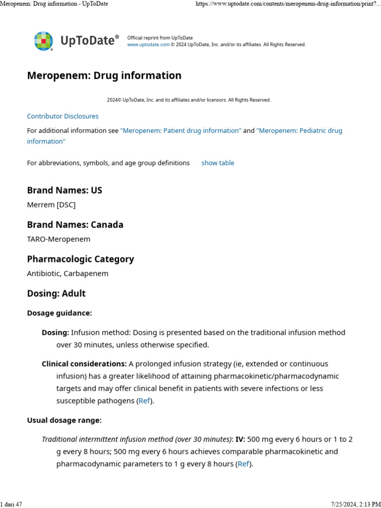 Meropenem - Drug Information - UpToDate | PDF | Sepsis | Chemistry