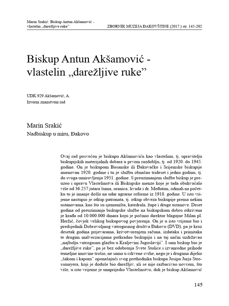 Biskup Akšamović, Vlastelin Darežljive Ruke Srakic | PDF