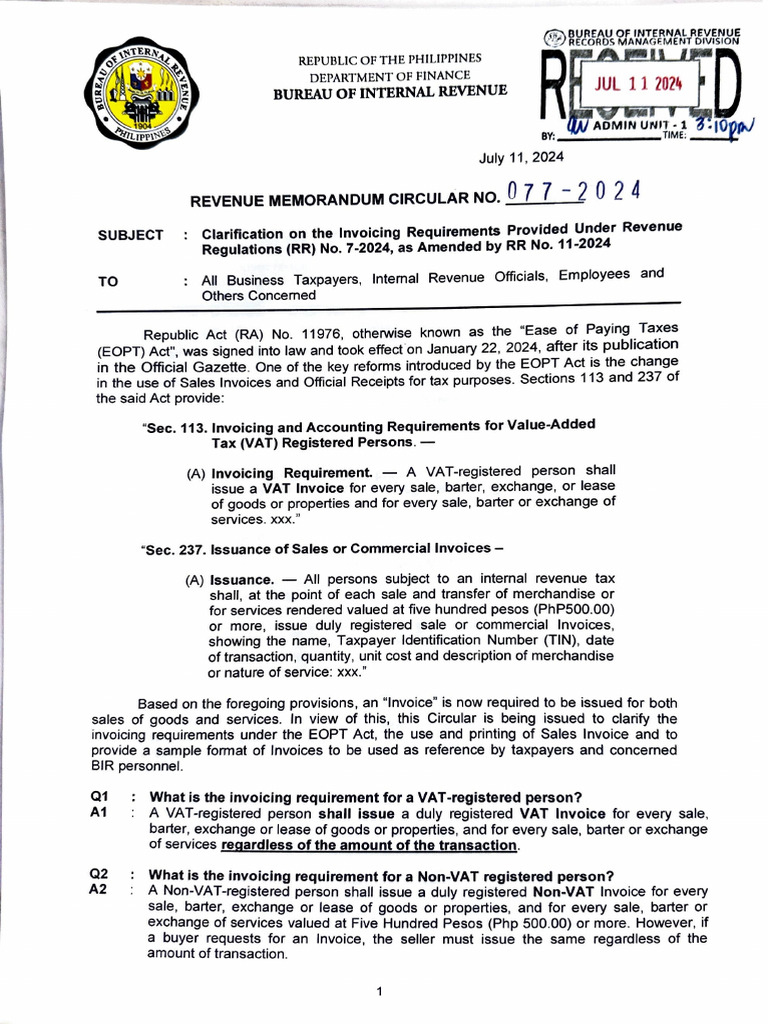 RMC No. 77 2024 | PDF | Invoice | Receipt