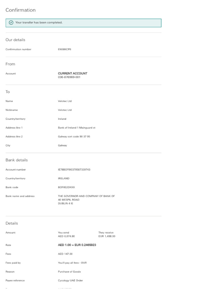 Transfer Confirmation Velotec | PDF