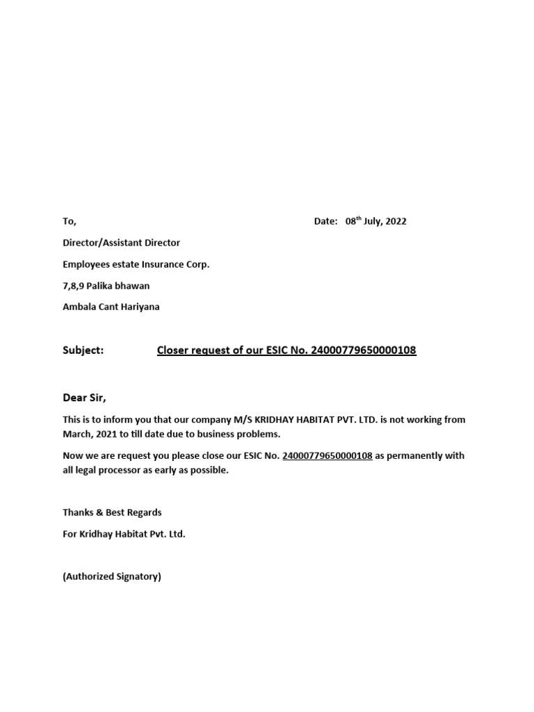 ESIC Closing Request Letter | PDF | Business | Finance & Money Management