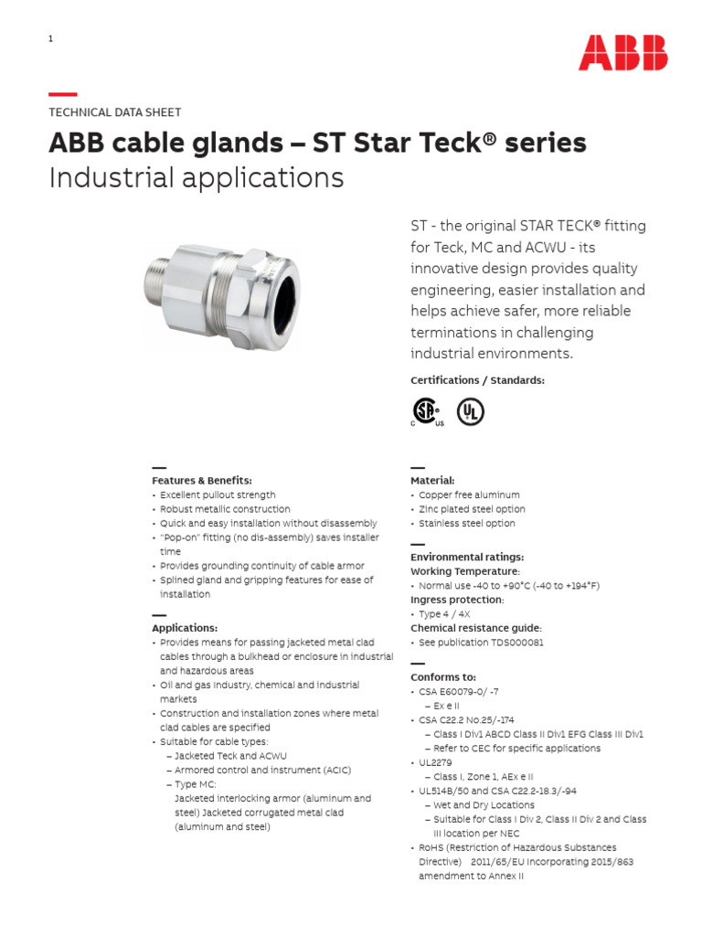ABB Cable Glands - ST Star Teck® Series: Industrial Applications | PDF ...