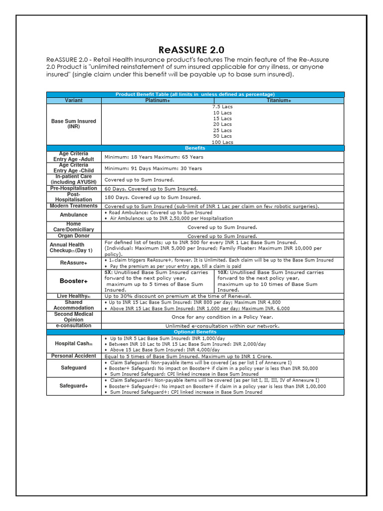 ReAssure 2.0 - Product Note | PDF | Insurance | Financial Risk
