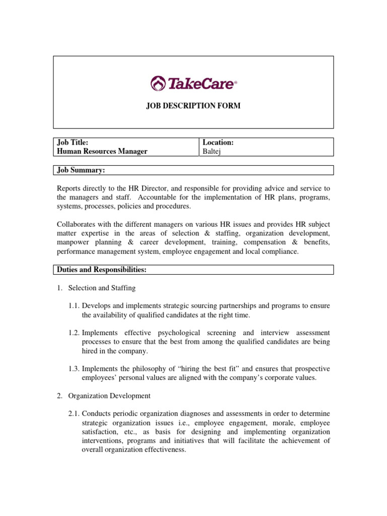 HR Manager Job Description Form | PDF | Human Resources | Human ...