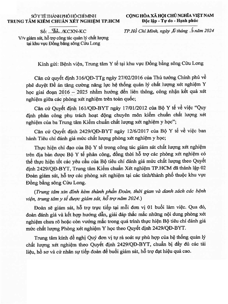 CV Giam Sat DBSCL Năm 2024 Gui Don VI | PDF