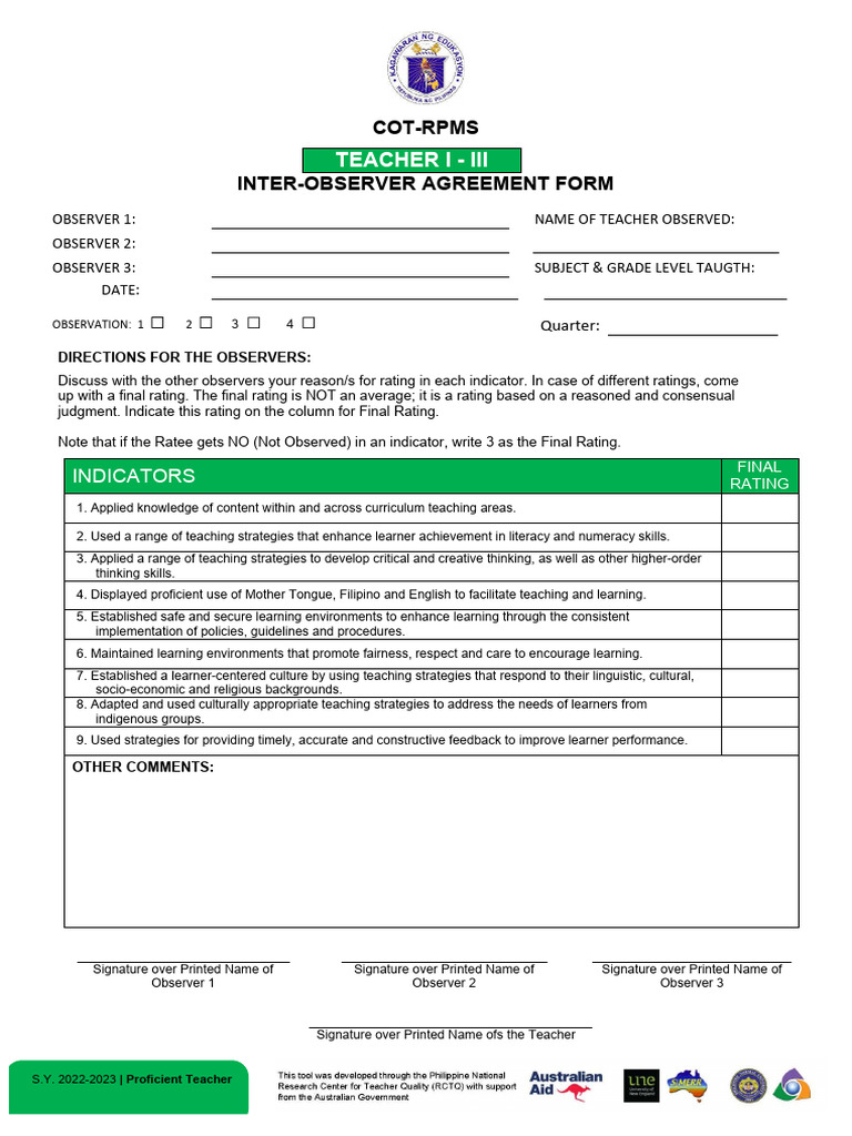 SY 2023 2024 TI TIII iNTER OBSEVER AGREEMENT FORM | PDF | Teachers ...