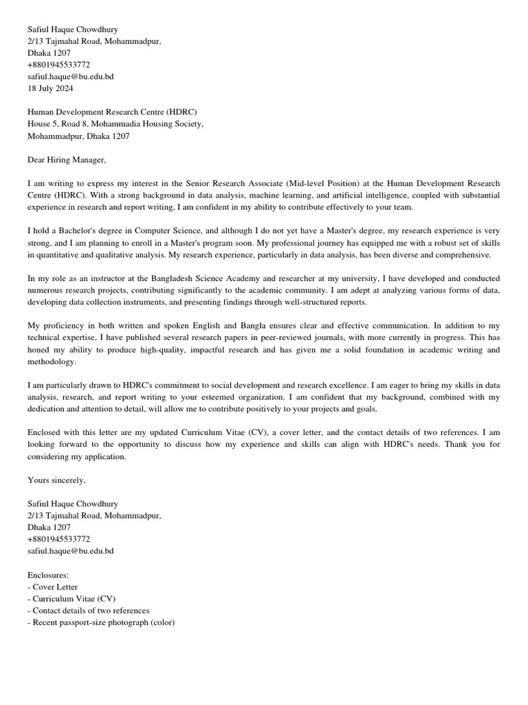 Cover Letter Sample Bangladesh | PDF | Data | Science