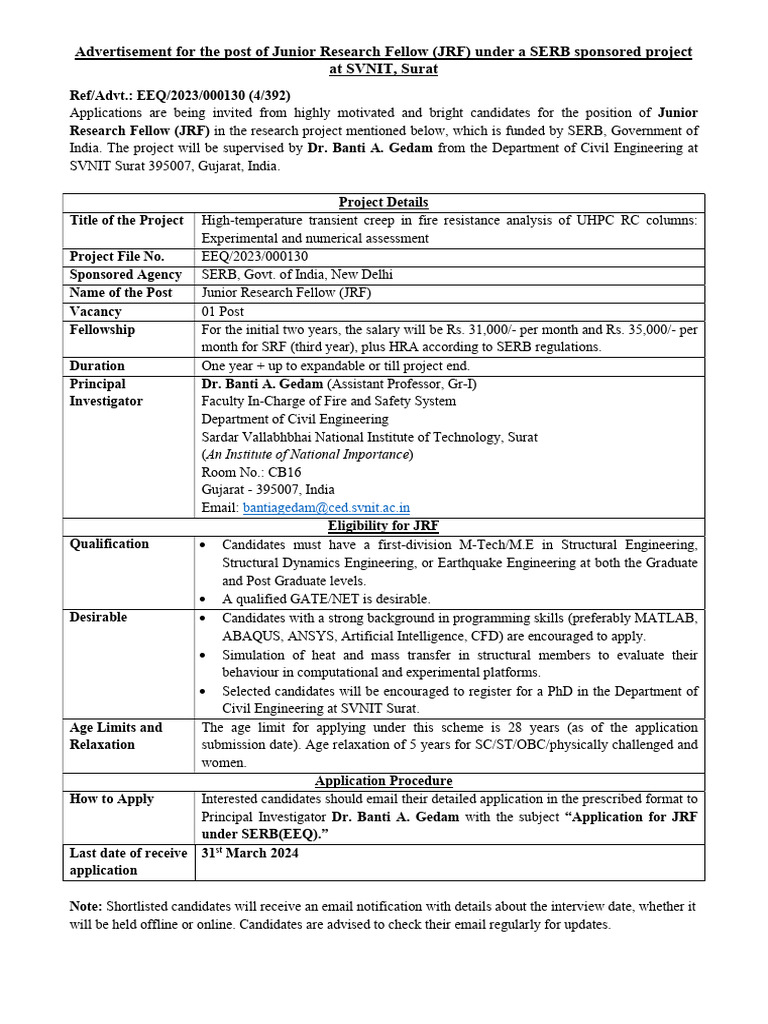 Advertisement of JRF | PDF | Engineering