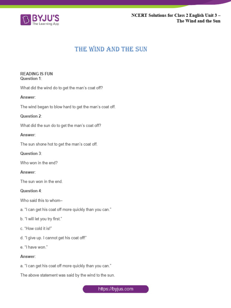 NCERT Solutions For Class 2 English 4 May Unit 3 The Wind and The Sun ...